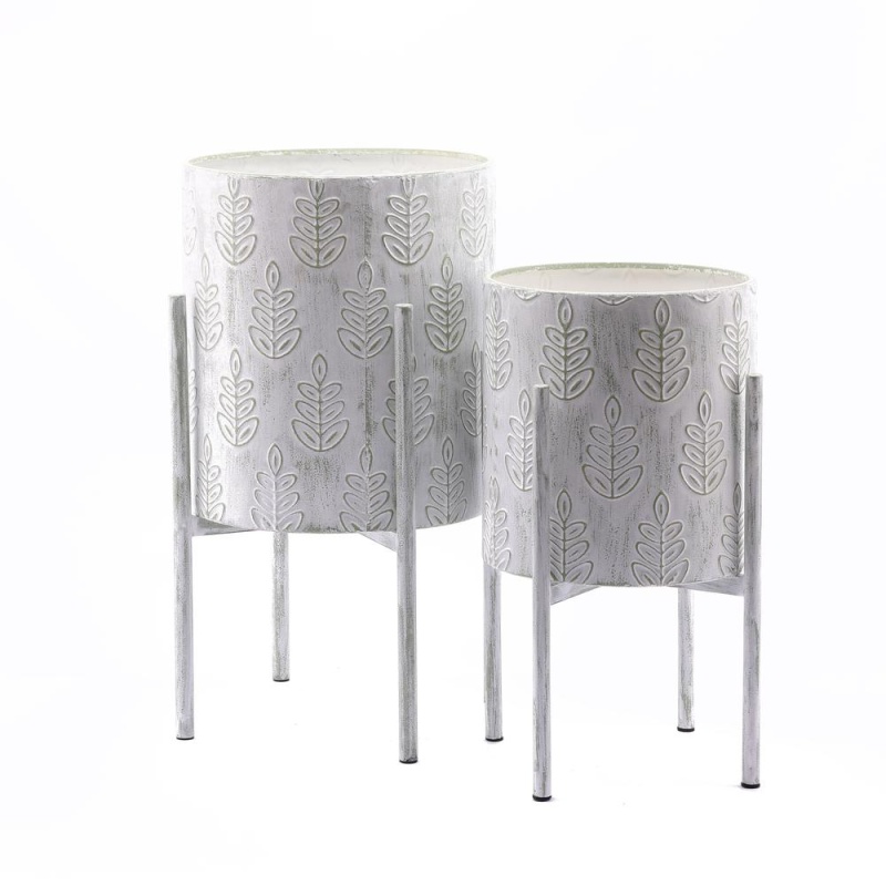 Luxenhome White Metal Leaf Embossed Cachepot Planters with Stand Set