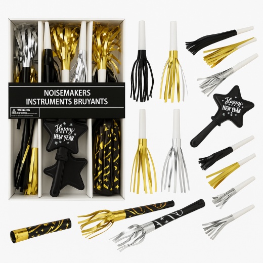 New Year's Eve Noisemaker Party Pack - 40 Pieces In Black, Silver, And Gold