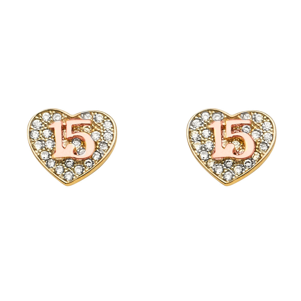 14K Gold Cz Stone Heart Quinceanera Earrings