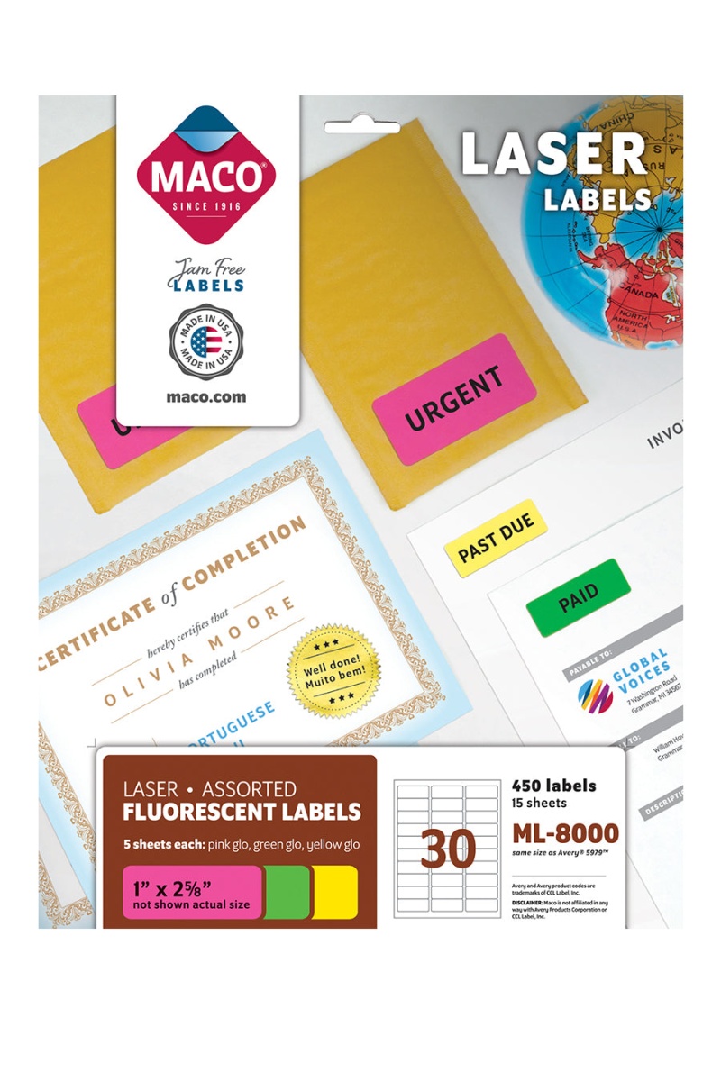 Laser Assorted Color Neon Labels, 1" X 2-5/8", 30/Sheet, 450 Labels/Pk