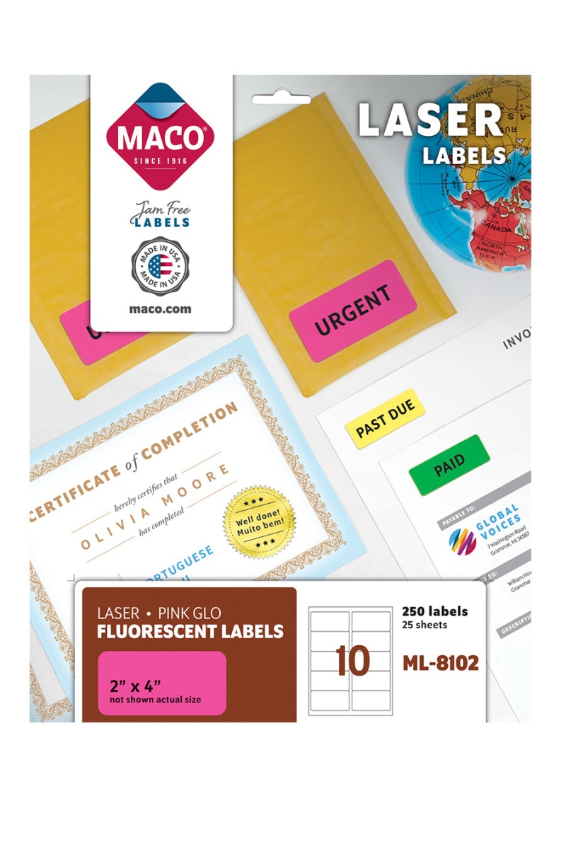 Buy Laser Pink Neon Labels, 2" X 4", 10/Sheet, 250 Labels/Pk Online