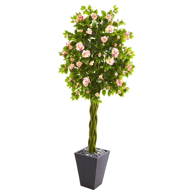 6-Foot Rose Artificial Tree in Slate Planter - Outdoor Decor for ...