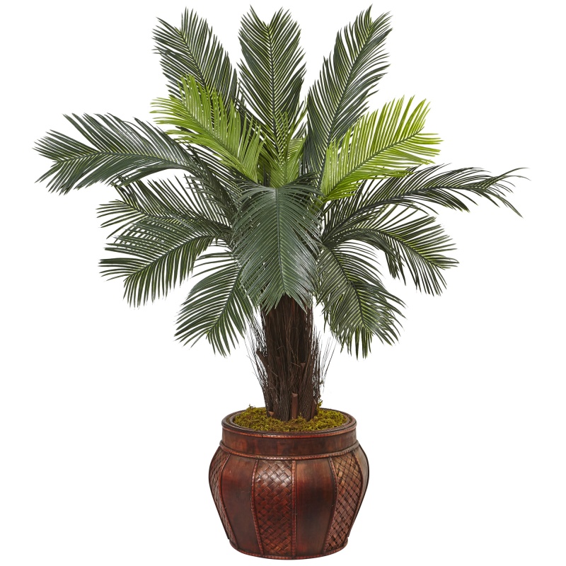3.5’ Cycas Tree in Wooden Planter - Artificial Tree Decor for Outdoor ...