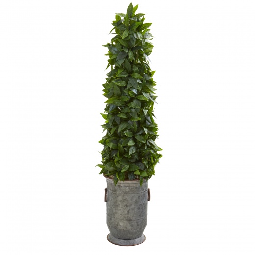 40-Inch Artificial Sweet Bay Cone Topiary Tree in Vintage Metal Planter