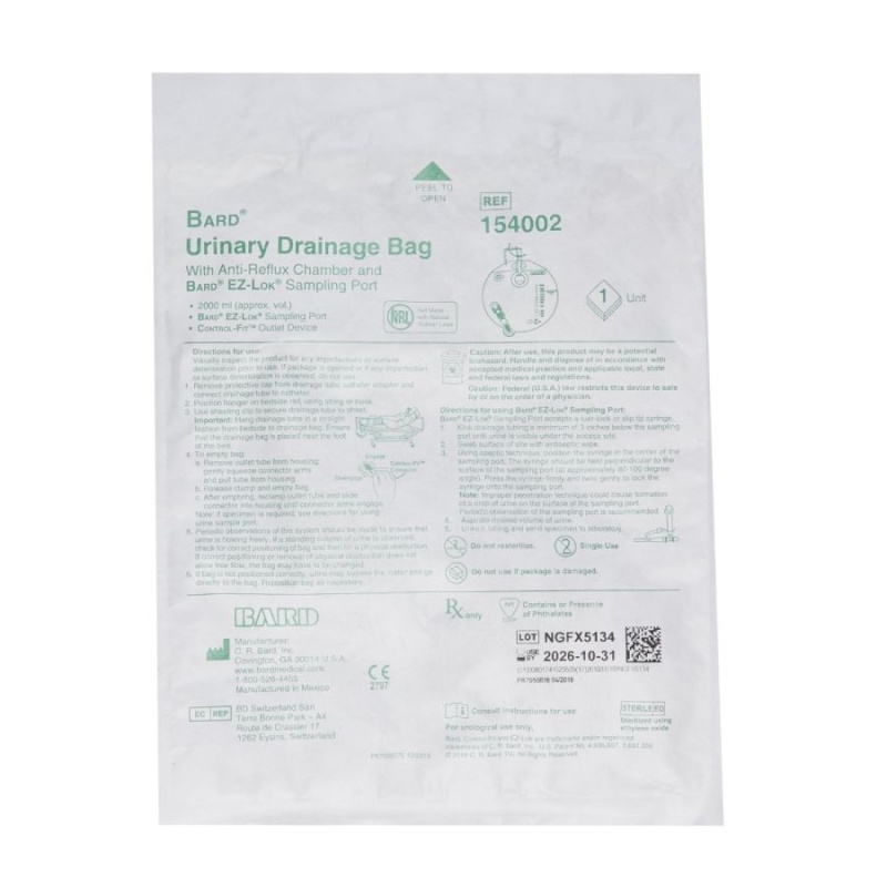 Bard 154002 Urine Drainage Bag With Anti-Reflux Chamber And Ez-Lok ...