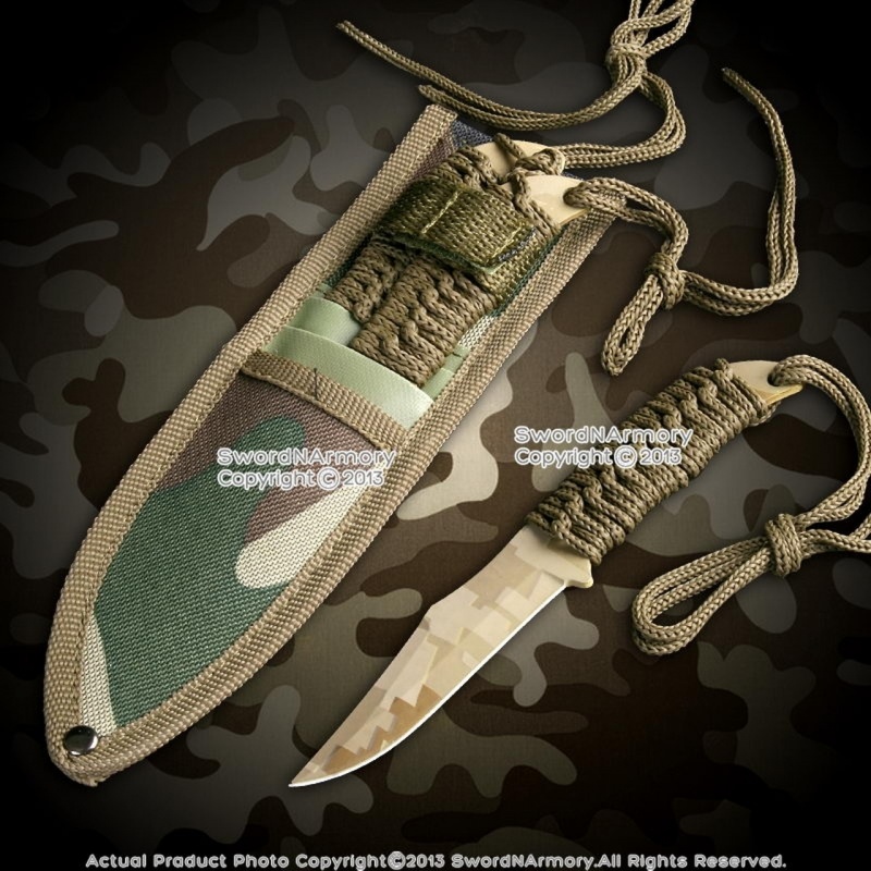 3 Pc 6.5" Desert Camo Throwing Knife Set Fixed Blade Combat Dagger Cord ...