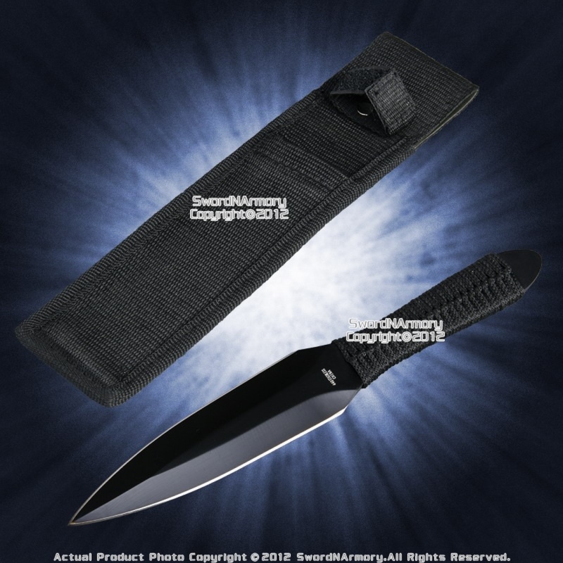 9.75" Black Large Throwing Knife Fixed Blade Dagger Cord Wrapped Handle ...