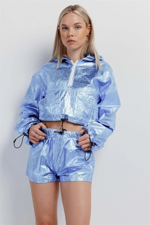 Buy Metallic Blue Water Proof Hooded Draw String Crop Top & Short ...